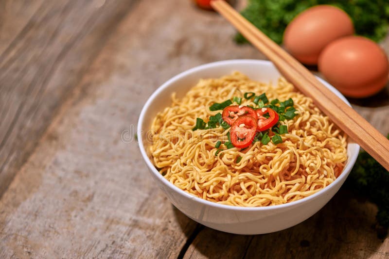 Instant Noodle in Bowl Cooked Spicy Taste Topping with Eggs Stock Image ...