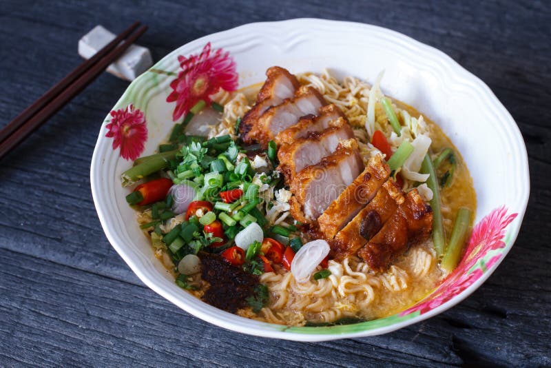 Instant Noodle with Crispy Pork,selection Focus Stock Image - Image of ...