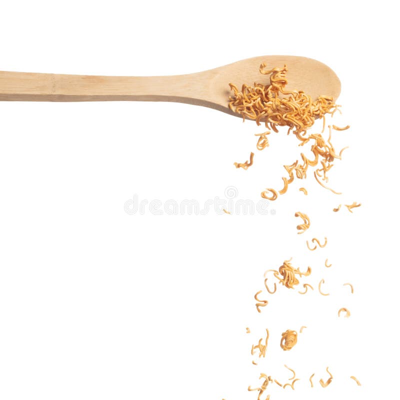 Instant Noodle Fall Down from Wooden Spoon, Yellow Instant Noodle Float ...