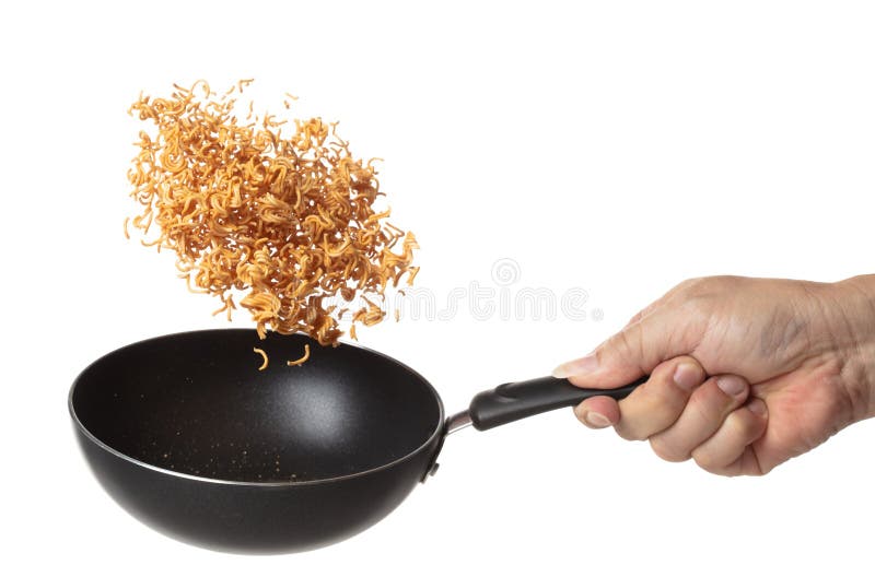 Instant Noodle Fly in Iron Pan, Yellow Instant Noodle Float Explode ...