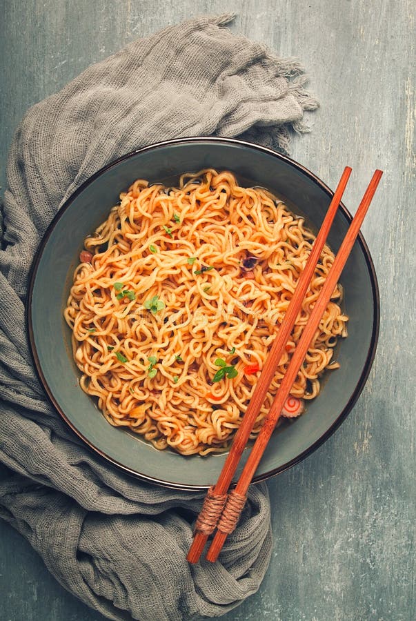 Instant Noodles, in a Bowl, on a Gray Table, Top View, No People, Stock ...