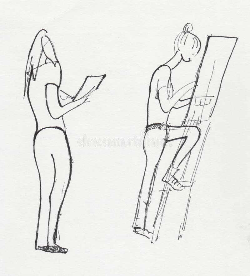 Instant Sketch, Girls Drawing in Studio, Pen Stock Illustration ...