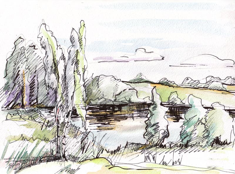 Instant sketch, landscape stock illustration. Illustration of aquarela ...