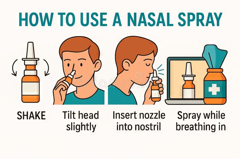 Instructions for Using Nasal Spray: Shake, Tilt Head, Insert Nozzle ...