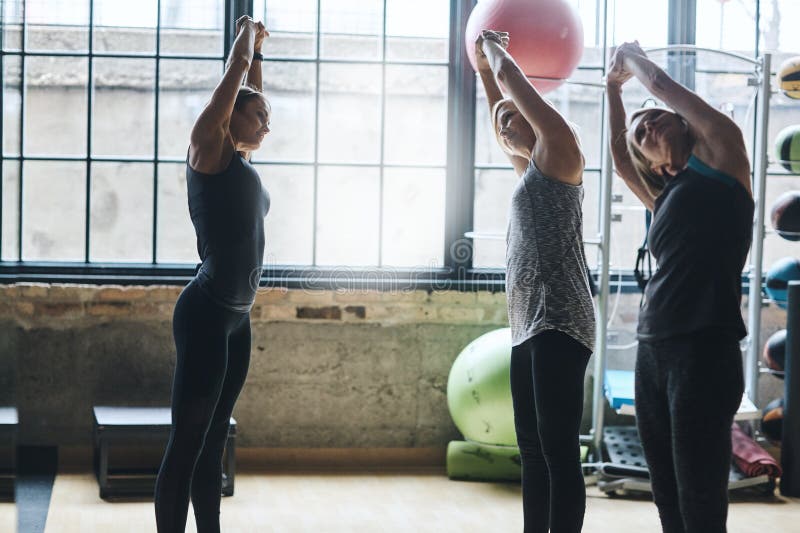 Instructor, Group and Stretching in Gym with Training for Arm Exercise ...