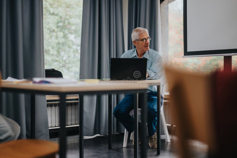 Instructor Leading a Class Discussion in Cozy Classroom Setting Stock ...