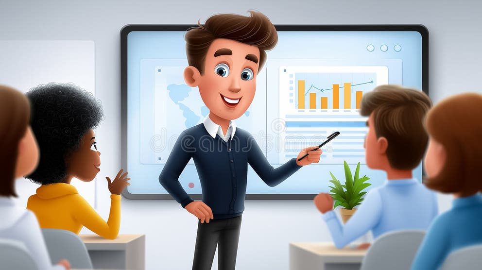 Instructor Presents Educational Material in Modern Classroom Setting. Bright and Interactive ...