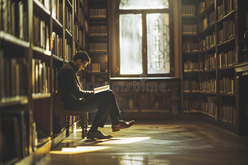 Instructor Sitting and Reading Alone in the Library. by Generative Ai ...