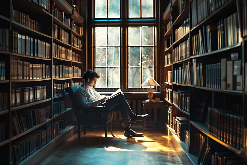 Instructor Sitting and Reading Alone in the Library. by Generative Ai ...