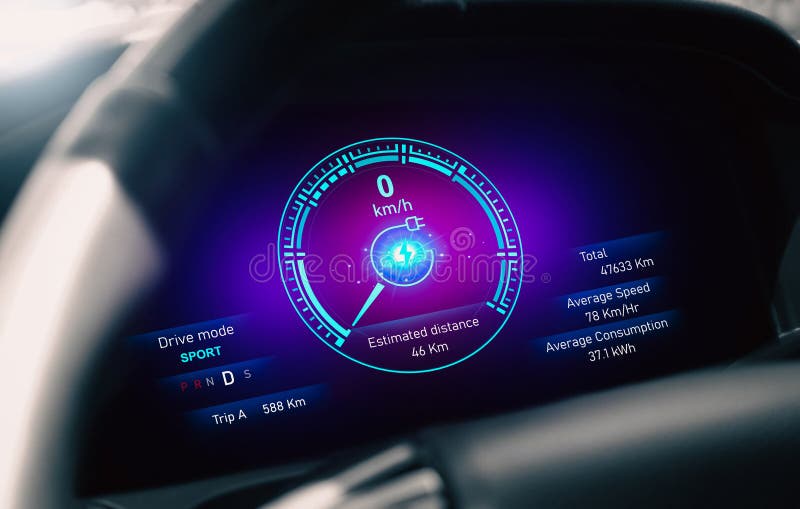 Instrument Panel Glowing with Speedometer of EV Electric Vehicle. Stock ...