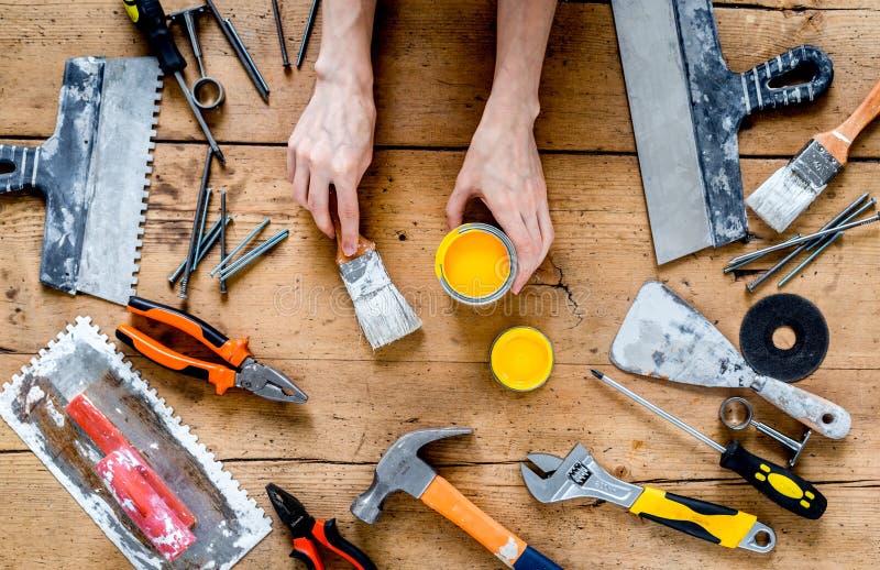 Instruments Set for Decorating and Building Renovation on Wooden ...