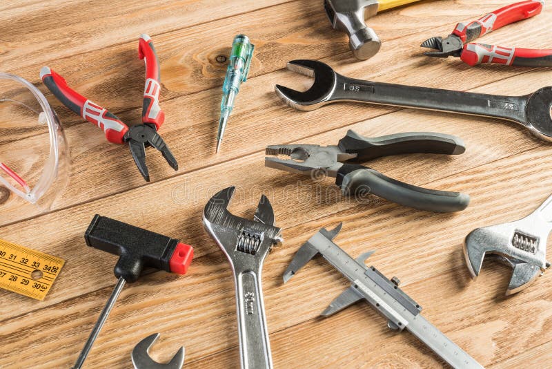 Instruments on Wooden Table Stock Image - Image of tape, carpentry ...