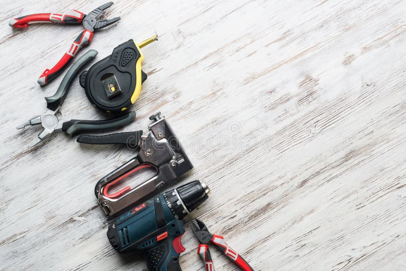 Instruments on Wooden Table Stock Image - Image of overhead, repair ...