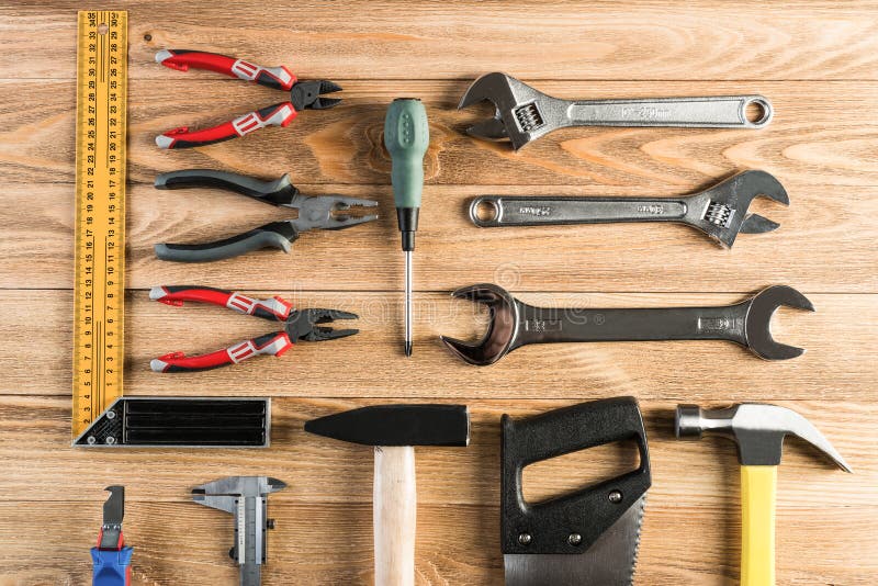 Instruments on Wooden Table Stock Photo - Image of improvement, repair ...