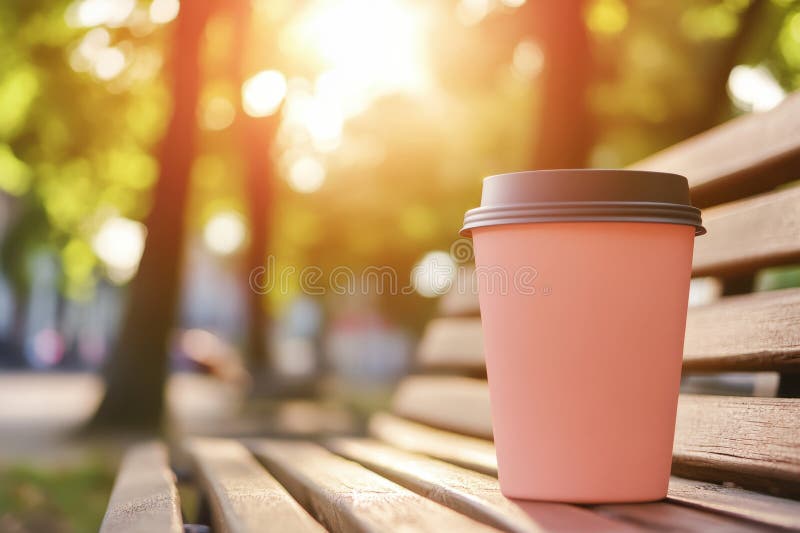 Insulated Coffee Cup on Park Bench in Sunlit Urban Setting. Stock Image ...