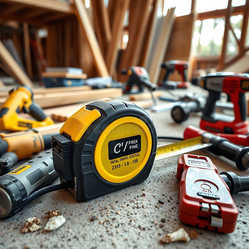 Insulated Tape Measure on a Construction Site Surrounded by Power Tools ...