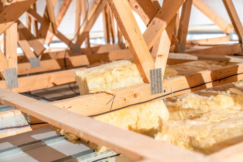 Insulation of the Roof and Ceiling with Glass Wool Stock Image - Image ...