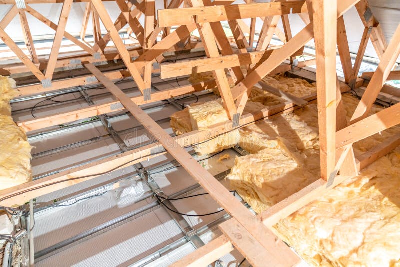 Insulation of the Roof and Ceiling with Glass Wool Stock Image - Image ...