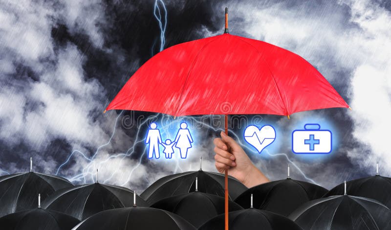 Insurance Agent Covering Illustrations with Red Umbrella during Storm ...