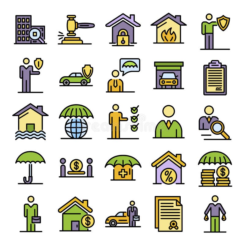 Insurance Agent Icons Set Vector Flat Stock Vector - Illustration of ...