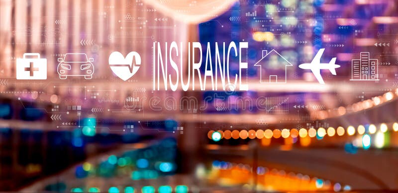 Insurance Concept with Big City at Night Stock Photo - Image of neon ...