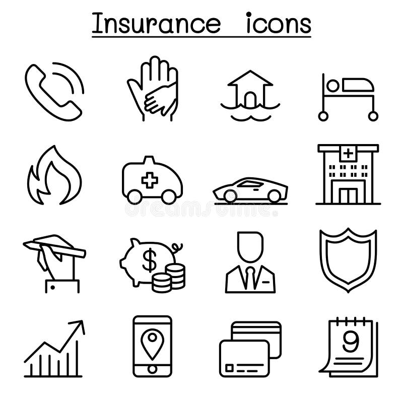 Insurance Icon Set in Thin Line Style Stock Vector - Illustration of ...
