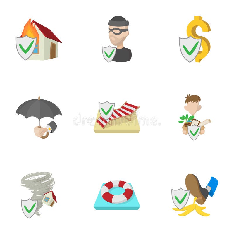 Insurance Icons Set, Cartoon Style Stock Vector - Illustration of fire ...