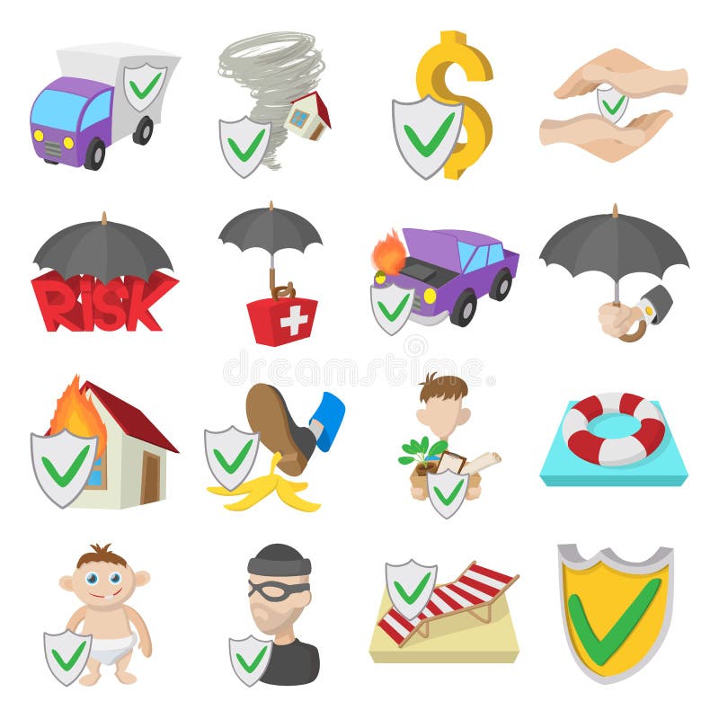 Insurance Icons Set, Cartoon Style Stock Vector - Illustration of fire ...