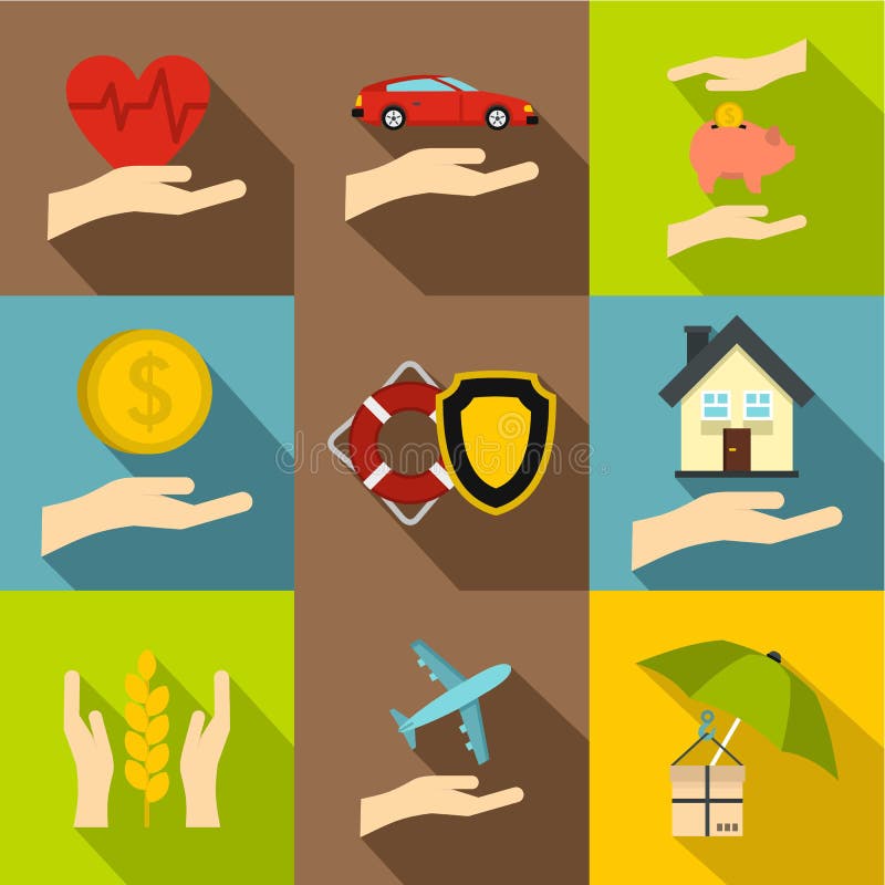 Insurance Icons Set, Flat Style Stock Illustration - Illustration of ...
