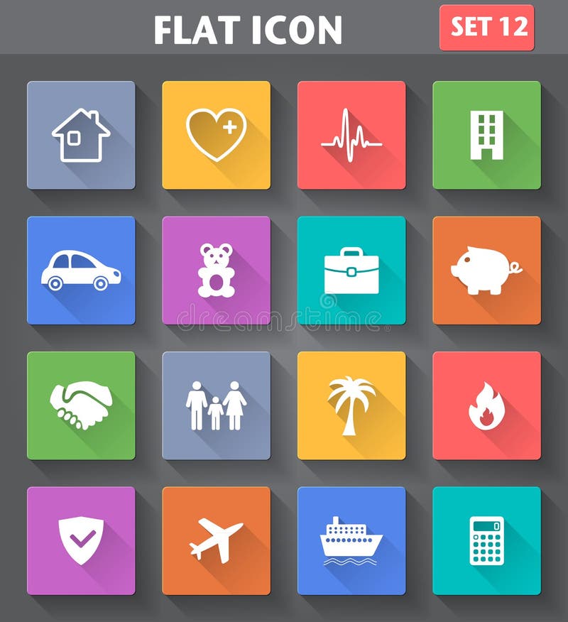 Insurance Icons Set in Flat Style with Long Shadow Stock Vector ...