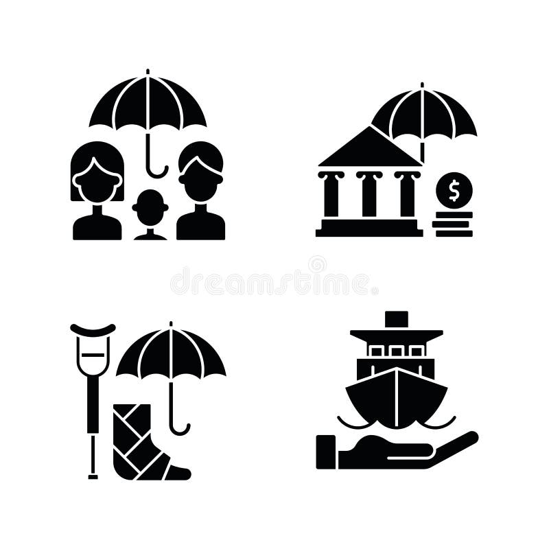 Insurance and Protection Black Glyph Icons Set on White Space Stock ...