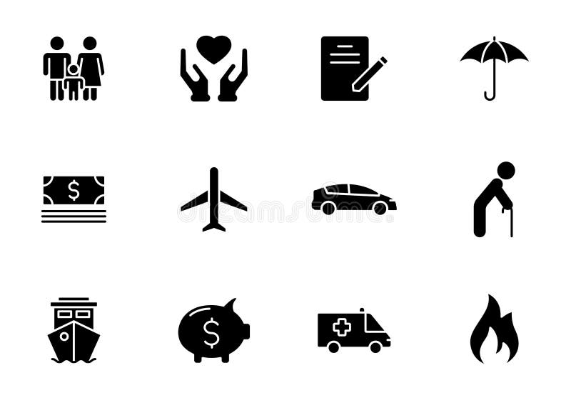 Insurance Silhouette Vector Icons Isolated on White Stock Illustration ...