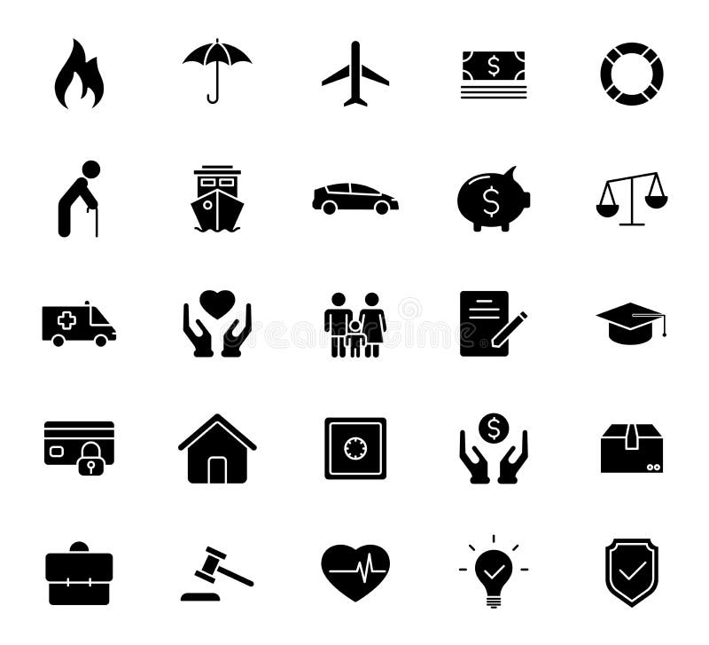 Insurance Silhouette Vector Icons Isolated on White Stock Illustration ...