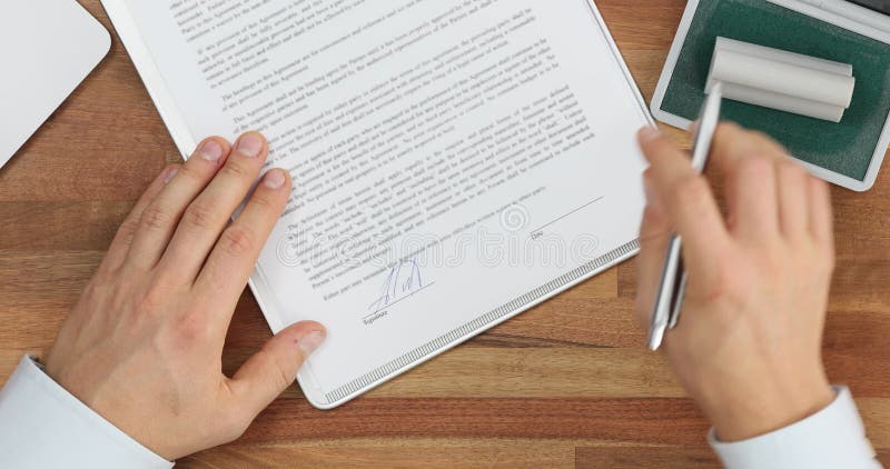 Insurance Worker Signs Paper Completing Process with Stamp Stock Video ...