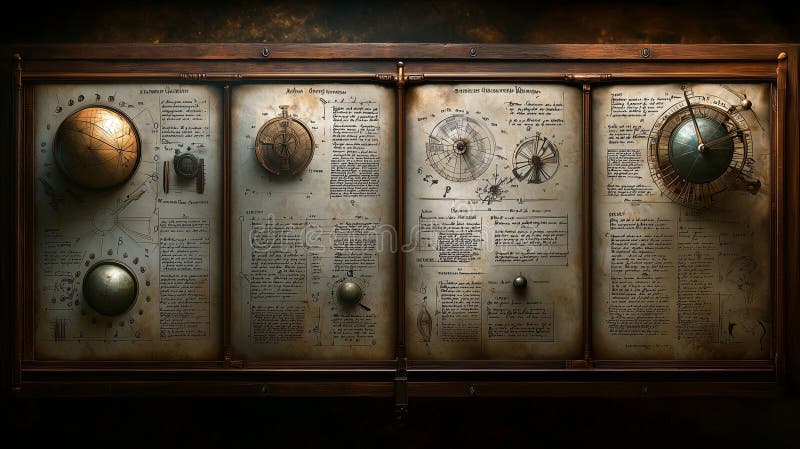 Intage Celestial Navigation Map with Brass Astrolabe and Orbits Stock ...