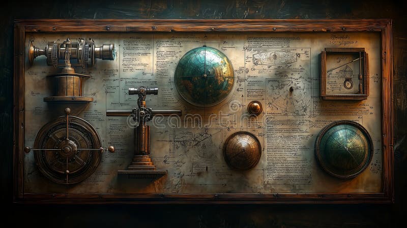 Intage Celestial Navigation Map with Brass Astrolabe and Orbits Stock ...