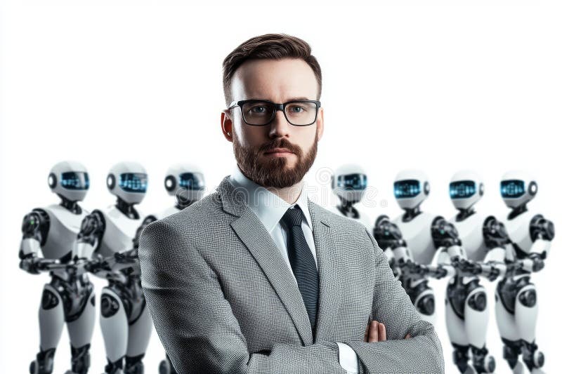 Integration of Human Leadership and Stock, a Businessman Faces a Robot ...