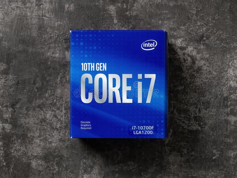 Intel Core I7-10700F Processor Blue Box on a Dark Background. 10th Gen ...