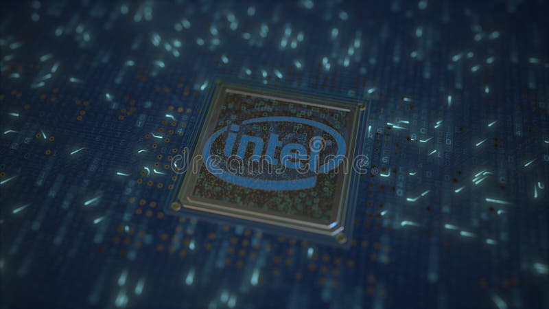 INTEL Logo on the Chip on Computer Board. Conceptual Editorial 3d ...