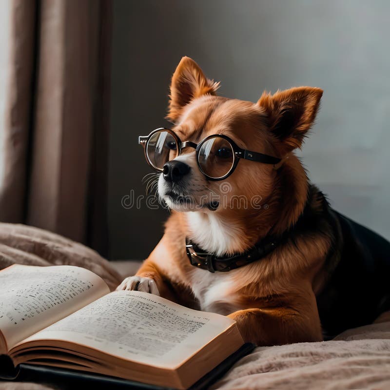The Intellectual Canine: a Dog in Spectacles Reading a Book Stock ...