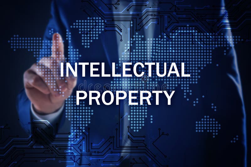 Intellectual Property Concept. Man Using Virtual Screen with World Map ...