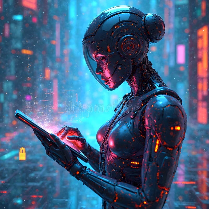Intelligent Android Reading Data on a Digital Tablet in Sci-Fi Future ...