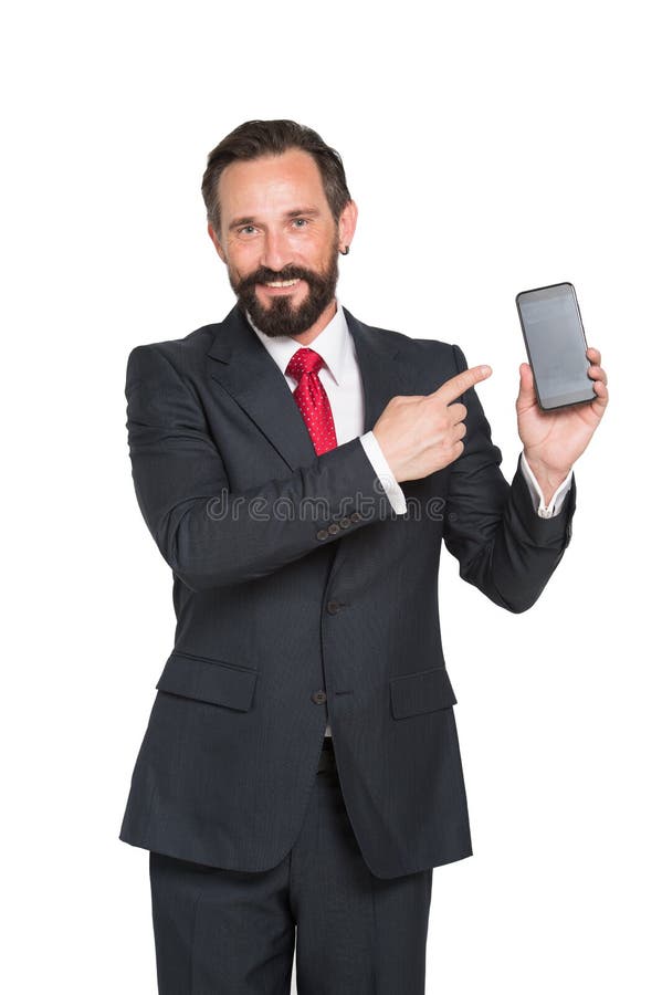 Intelligent Bearded Manager Presenting Latest Smartphone Model Stock ...