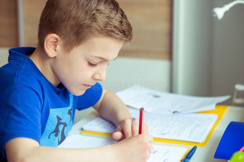 Intelligent Boy Makes Homework in His Room Stock Image - Image of ...