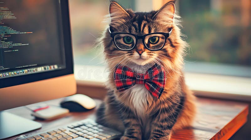 Intelligent Cat Wearing Glasses and Bow Tie Sitting at Computer Desk ...