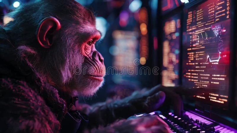 Intelligent Chimpanzee Analyzing Data on Futuristic Computer Screens ...