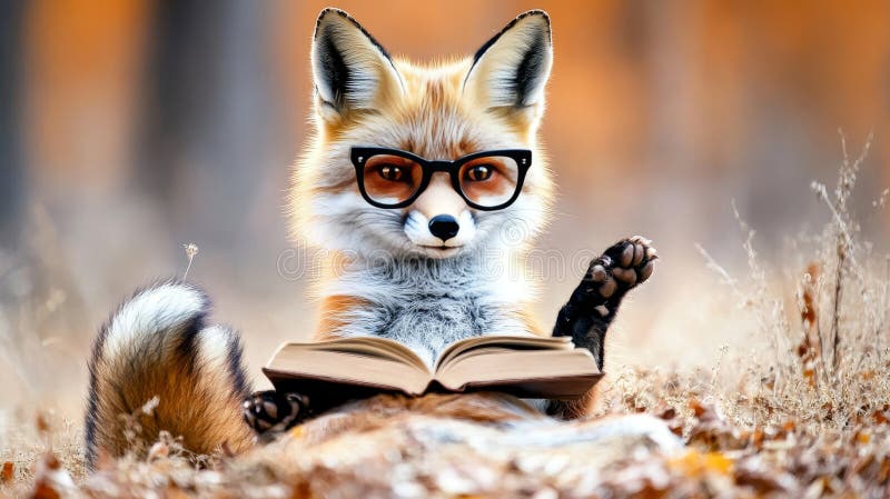 Intelligent Fox Wearing Glasses Reading Book in Autumn Forest Setting ...