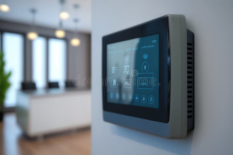 Intelligent Home Automation. Tablet Panel on the Wall. Focus on ...