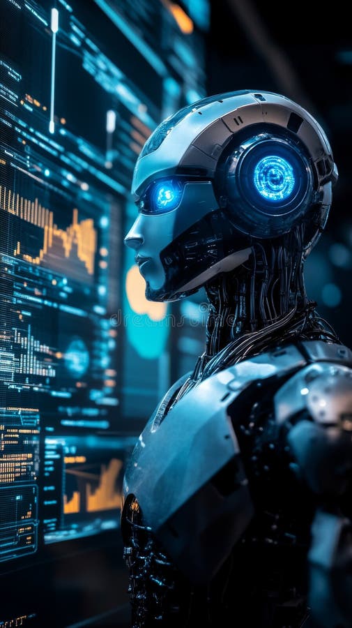 Intelligent Robot Interacting with Digital Data Stock Image - Image of ...