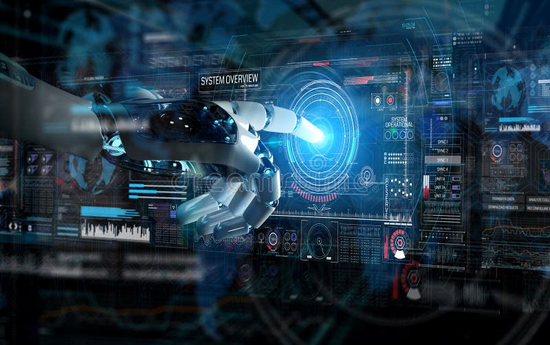 Intelligent Robot Machine Using Digital Screens Interface 3D Rendering ...